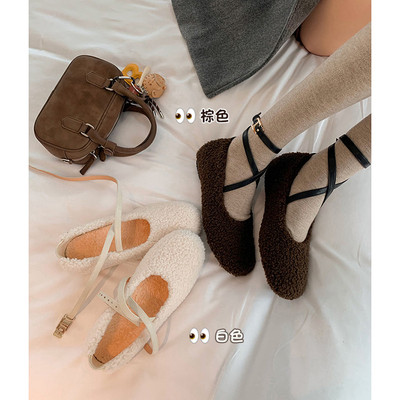 羊羔毛毛鞋女外穿2025秋冬新款豆豆鞋一脚蹬绑带棉鞋加绒单鞋