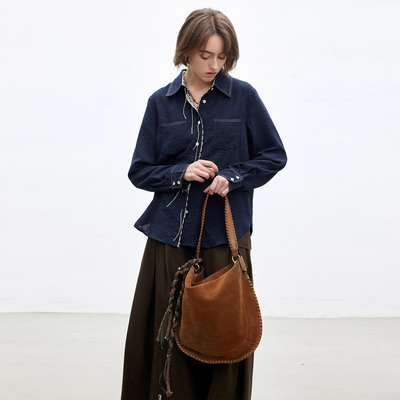 多着门襟流苏花边长袖亚麻衬衫