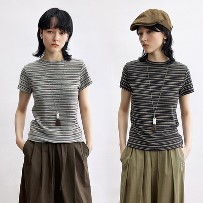 多着磨毛质感小飞袖条纹T恤