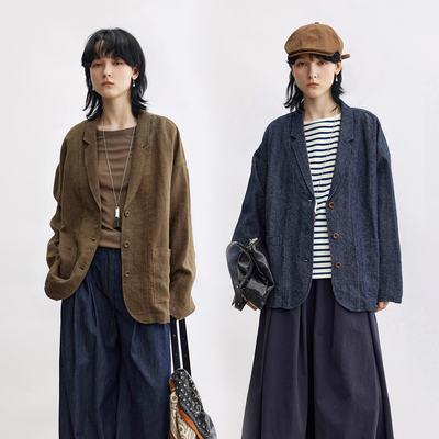 多着亚麻棉日系翻领单层直身西装
