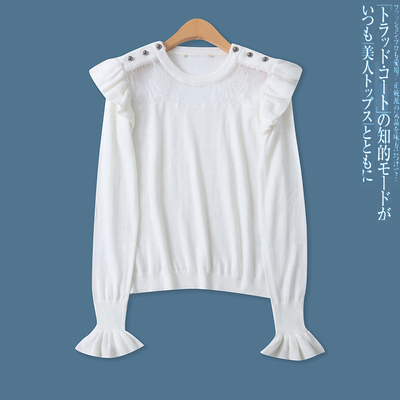 蕾丝拼接针织衫春秋季新款外贸女装时尚修身荷叶边长袖打底18026