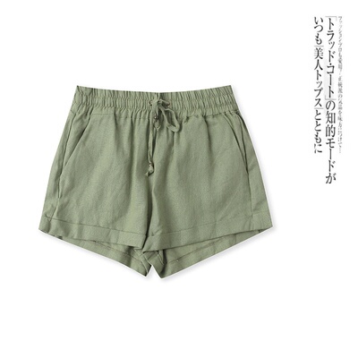 棉麻短裤夏季新款外贸女装百搭显瘦松紧高腰系带翻边休闲裤16016
