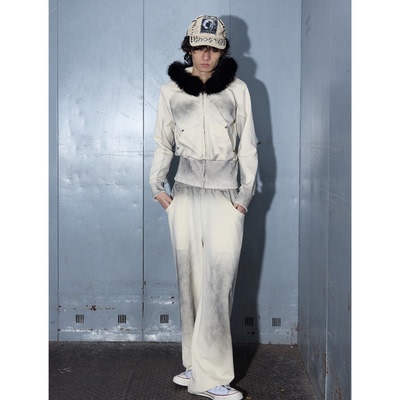 Recoverzone25fw韩系毛领连帽卫衣套装男女休闲运动两件套秋季