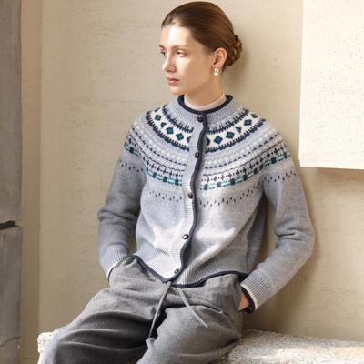 NANCYLILI 美丽奴羊毛针织秋季高级慵懒灰色费尔岛毛衣开衫女毛衫
