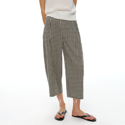 黑白格纹羊毛8分松紧腰休闲裤