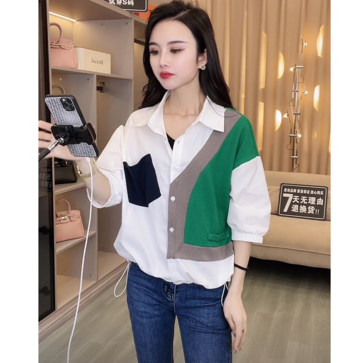 2023夏季女装撞色双拼衬衫女设计感漂亮拼接小个子短袖polo领衬衣_虎窝淘