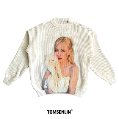 tomsenlin-BLACKPINK-ROSE人像美式康丽印花慵懒休闲毛衣