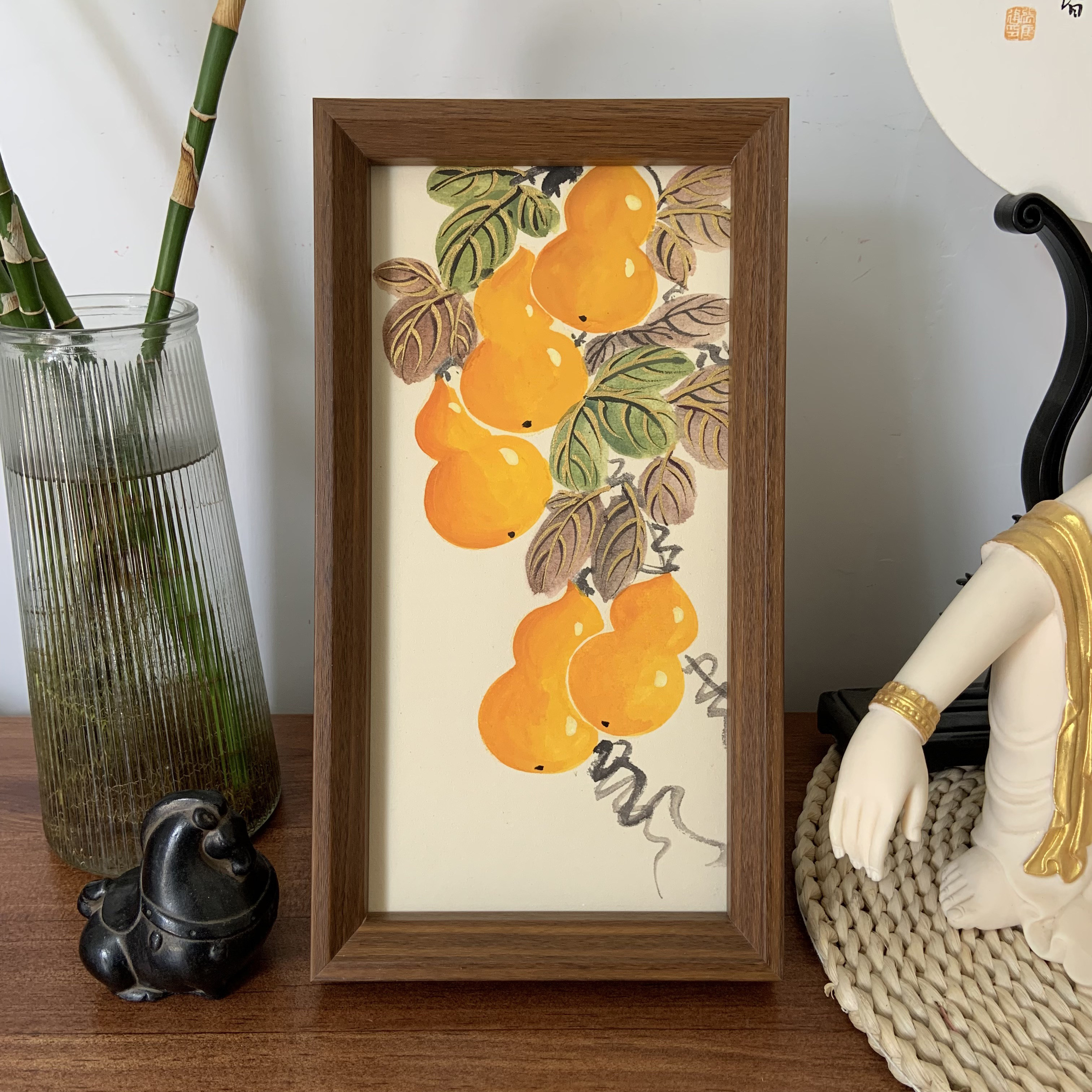 纯手绘葫芦摆台五福临门国画桌面摆件新中式茶室装饰画礼品5*10寸