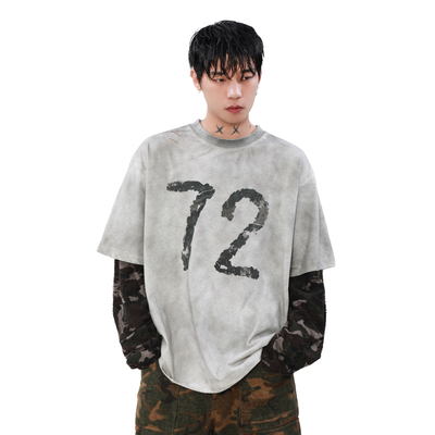 美式高街小众迷彩假两件长袖T恤