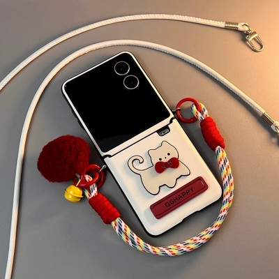 可爱小猫适用华为Pura X折叠屏手机壳pocket 2小米mixflip2斜挎三星zflip7毛球OPPOFindN3Flip支架荣耀vivo女