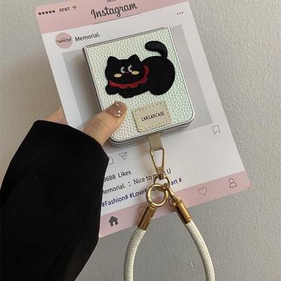 可爱刺绣猫咪适用小米mixflip手机壳华为Pocket 2折叠屏保护套oppoFindN3Flip皮质挂绳vivoXFlip三星zflip6女