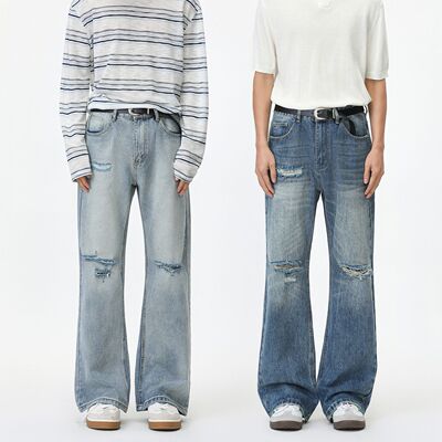 MTLCLOTHES男装韩系做旧时髦微喇猫须磨白破洞牛仔裤日常百搭通勤