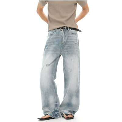 MTLCLOTHES男装韩版vibe复古百搭磨破直筒阔腿磨白牛仔裤休闲日常