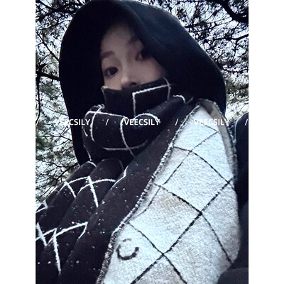 明星同款近期爆火~双面格子高级感围巾气质复古设计感拼色围脖女