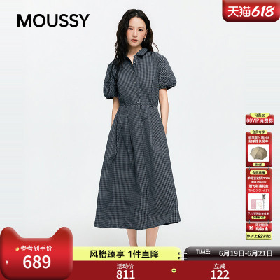 MOUSSY 26夏季新品文艺泡泡袖格纹衬衫连衣裙028JSC33-1034