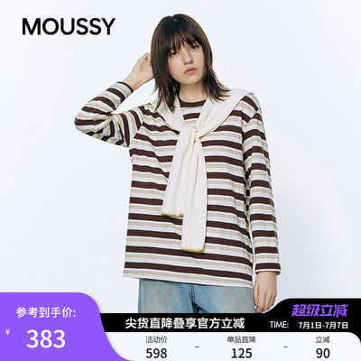 MOUSSY2026春季新品韩系温柔风系带条纹撞色长袖T恤028JSC90-1057