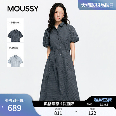 MOUSSY26夏季新品文艺泡泡袖显瘦格纹衬衫连衣裙028JSC33-1034