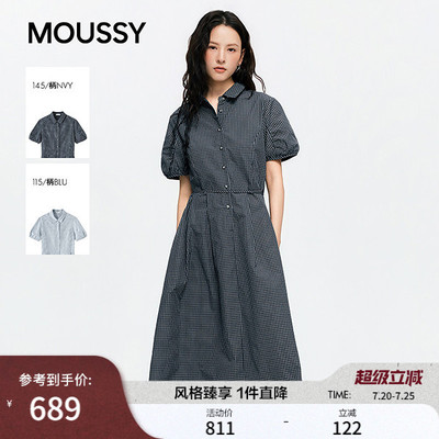 MOUSSY26夏季新品文艺泡泡袖显瘦格纹衬衫连衣裙028JSC33-1034