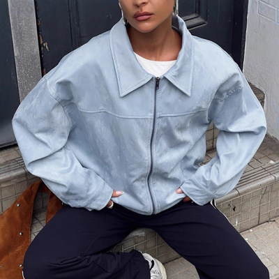 美式复古麂皮外套小众清冷感拉链皮衣夹克blue suede jacket