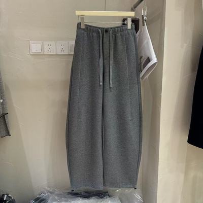 字母刺绣纯色抽绳收腰弯刀裤