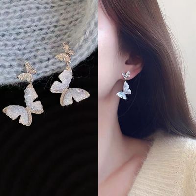 无耳洞「童话精灵」蓝色渐变大小蝴蝶耳针仙女风搭毛衣蚊香盘耳夹