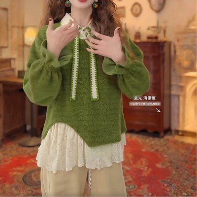 港风复古木耳领长袖百搭宽松上衣衬衫复古风立领女装保暖