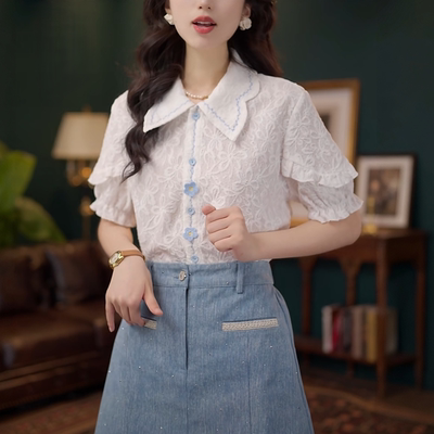 甜美休闲百搭小众短袖衬衫女