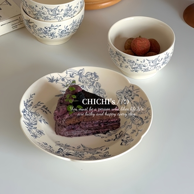 中古风蔚蓝花卉系列陶瓷菜盘