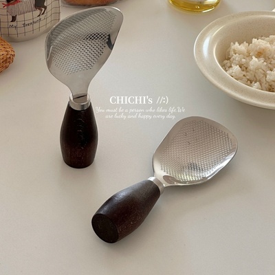 胡桃木柄不粘饭勺可立不锈钢