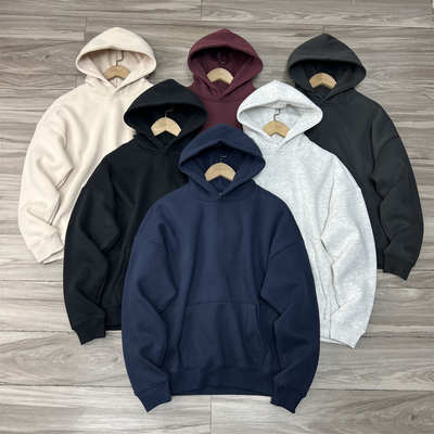 外贸尾货日系加绒重磅防风保暖秋冬纯色连帽卫衣男女短宽情侣帽衫