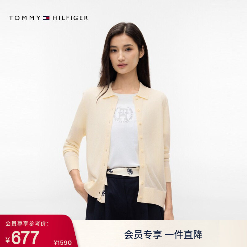 Tommy秋冬女装含桑蚕丝时尚休闲简约合身翻领针织开衫毛衣外套