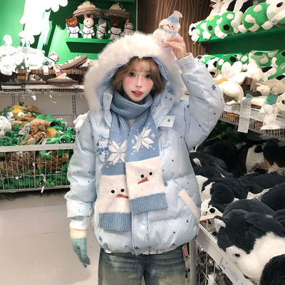 毛领连帽棉服+雪人围巾