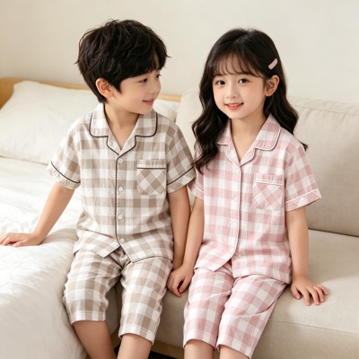 夏季纯棉提花格布儿童家居服套装