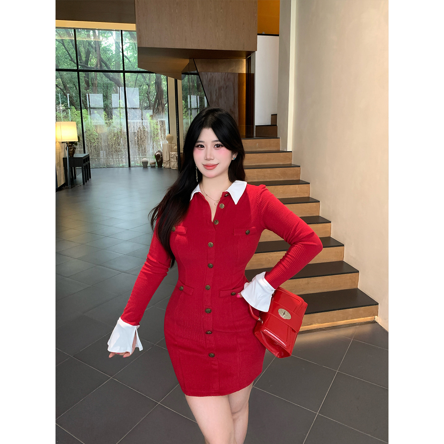 Babes【留洋千金】大码女装时尚拼接红白撞色短裙长袖针织连衣裙