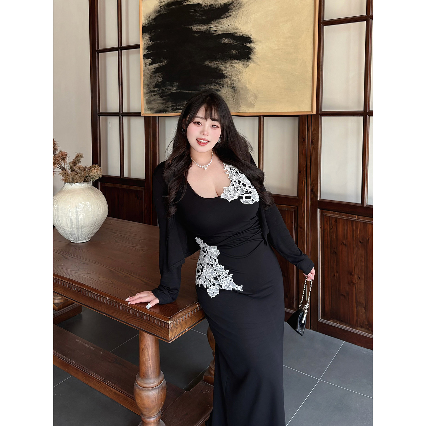 Babes【墨影生花】大码纯欲重工蕾丝提花高腰显瘦吊带鱼尾连衣裙