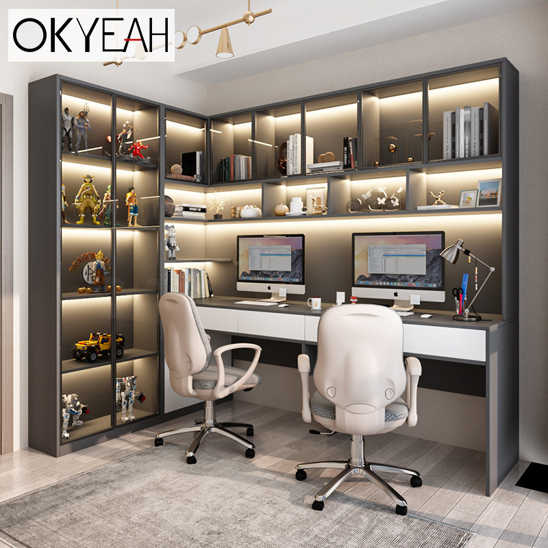 轻奢双人电脑桌转角书桌书柜一体学习桌家用现代办公桌书架工作台_虎窝淘