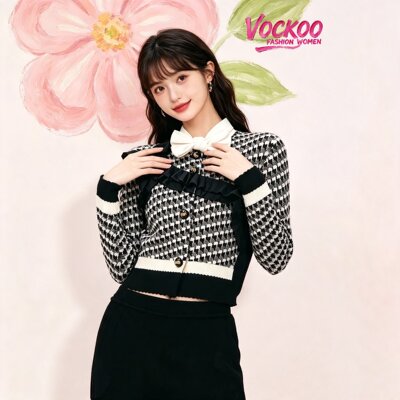 VOCKOO同款2026秋原纱时尚时尚缎面蝴蝶结千鸟格针织开衫外套套装