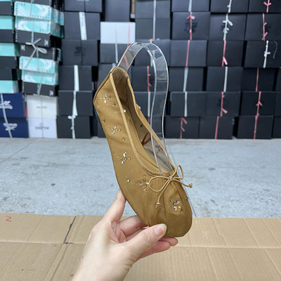 圆头带钻网面蝴蝶结浅口平底单鞋