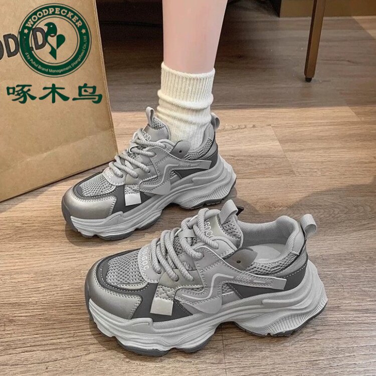 啄木鸟网面透气老爹鞋女2026春秋新款百搭增高厚底休闲运动鞋子女