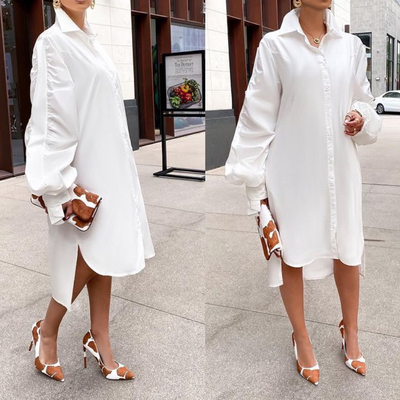 宽松衬衫长款连衣裙街头欧美纯色