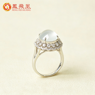 18K白金镶白冰翡翠双圈女戒