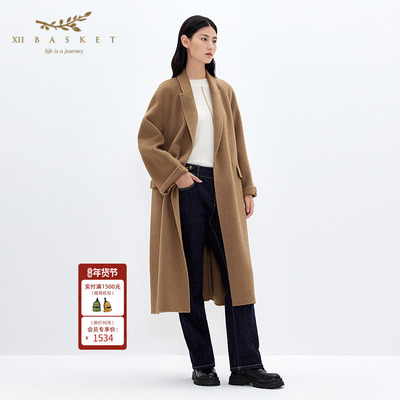 十二篮骆驼绒高级感长款系带大衣