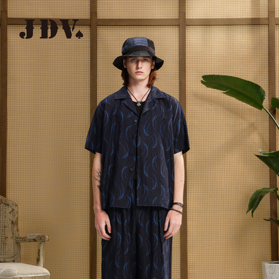 JDV商场同款莱赛尔短袖衬衫2026夏季新品深蓝色印花衬衫S男IXAW21