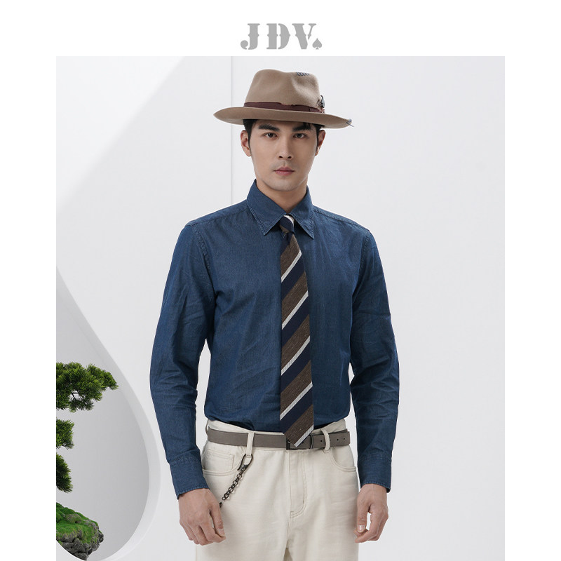 JDV春秋新品深蓝牛仔蓝尖领时尚长袖休闲男士衬衫衬衣上衣WIC2368