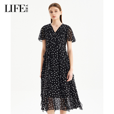 莱芙艾迪儿短袖拼接薄纱连衣裙