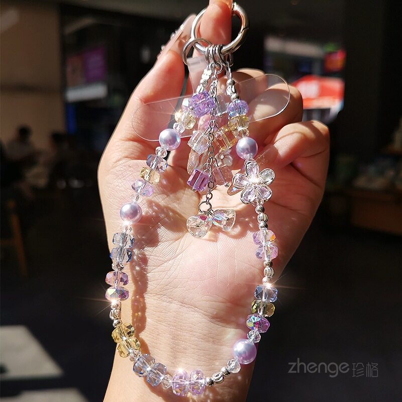 双域水晶串珠手链ins女士手腕短款精致饰品高级感小众包包挂件钥匙户外旅游行逛街防丢手提腕带壳手机挂绳新