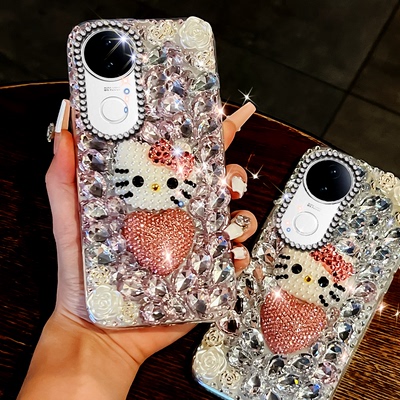 炫彩水钻凯特猫适用vivoS20手机壳防摔S9新品S18高级感V27镶钻s10保护套X80小众Y78网红Y78+女款S17外壳S30