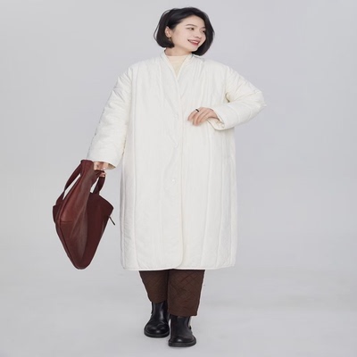 紫布语单排扣中长款保暖棉服外套