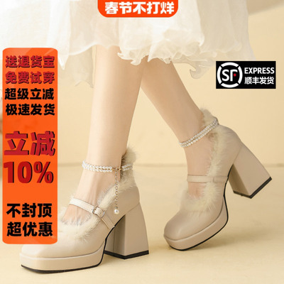 法式防水台高跟鞋仙女秋冬外穿加绒高级感毛毛鞋粗跟玛丽珍珠单鞋