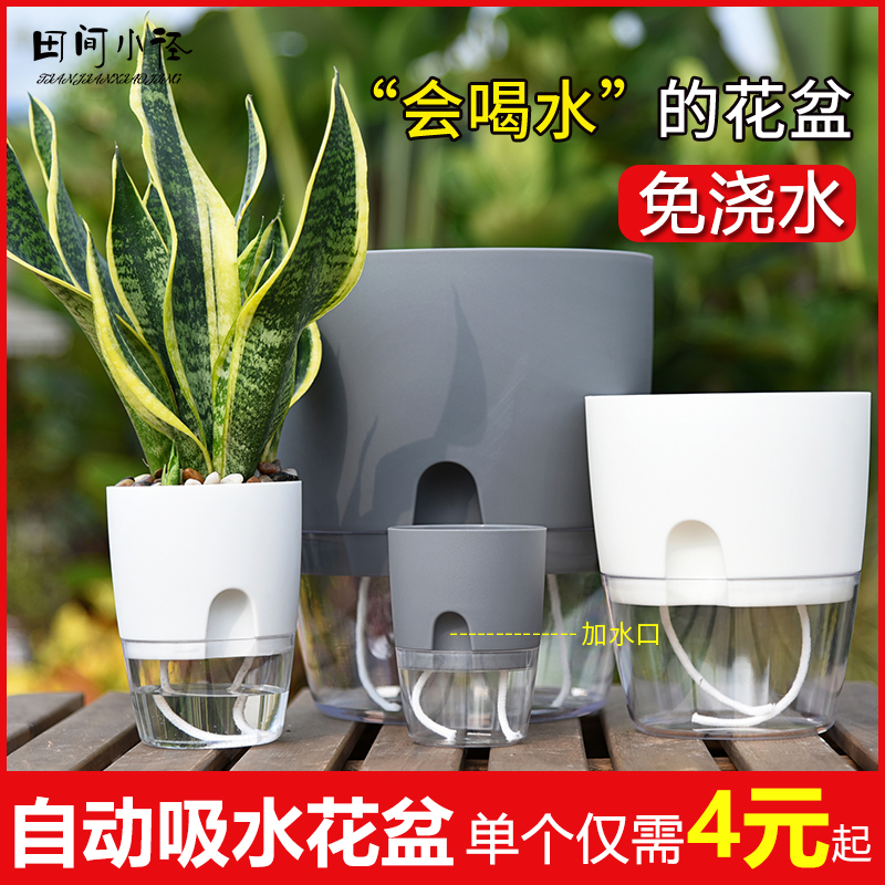 田间小径懒人花盆透明简约自动吸水花卉水培塑料大号个性花盆圆型